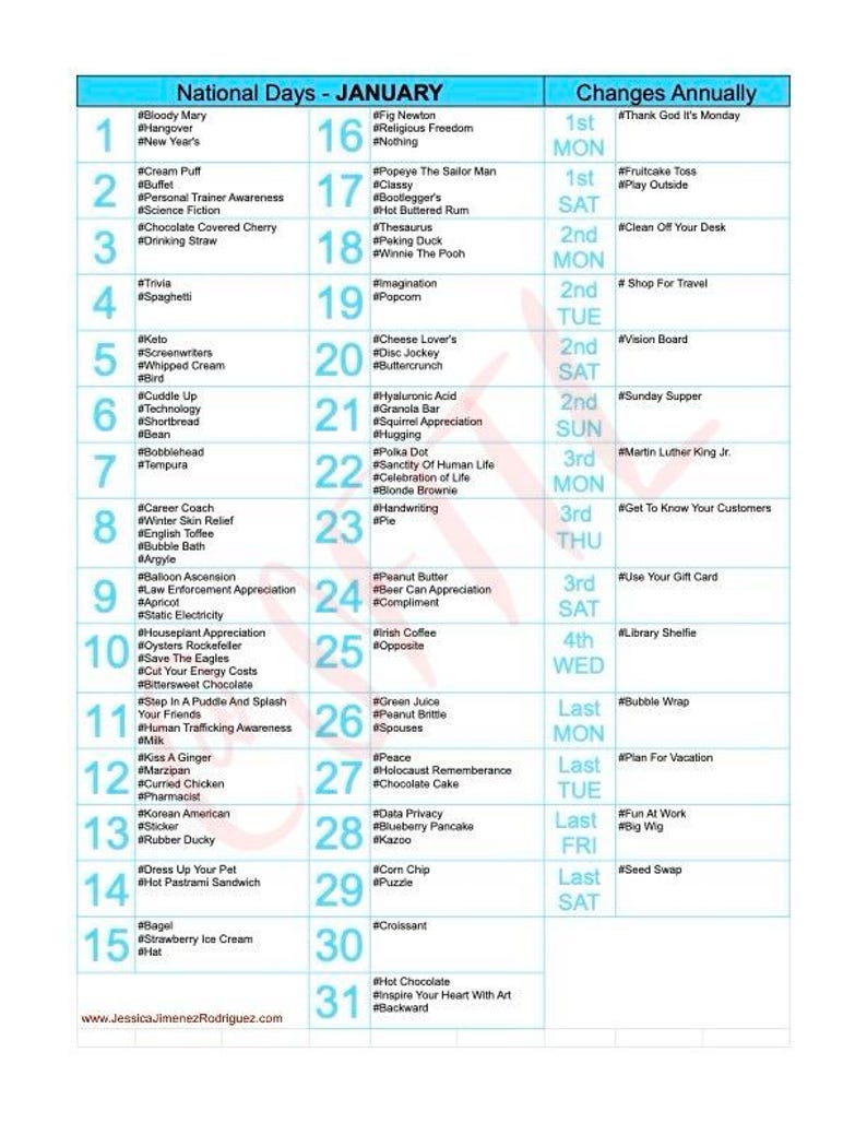 National Days Calendar: Printable Daily Celebrations (PDF Download) - Etsy