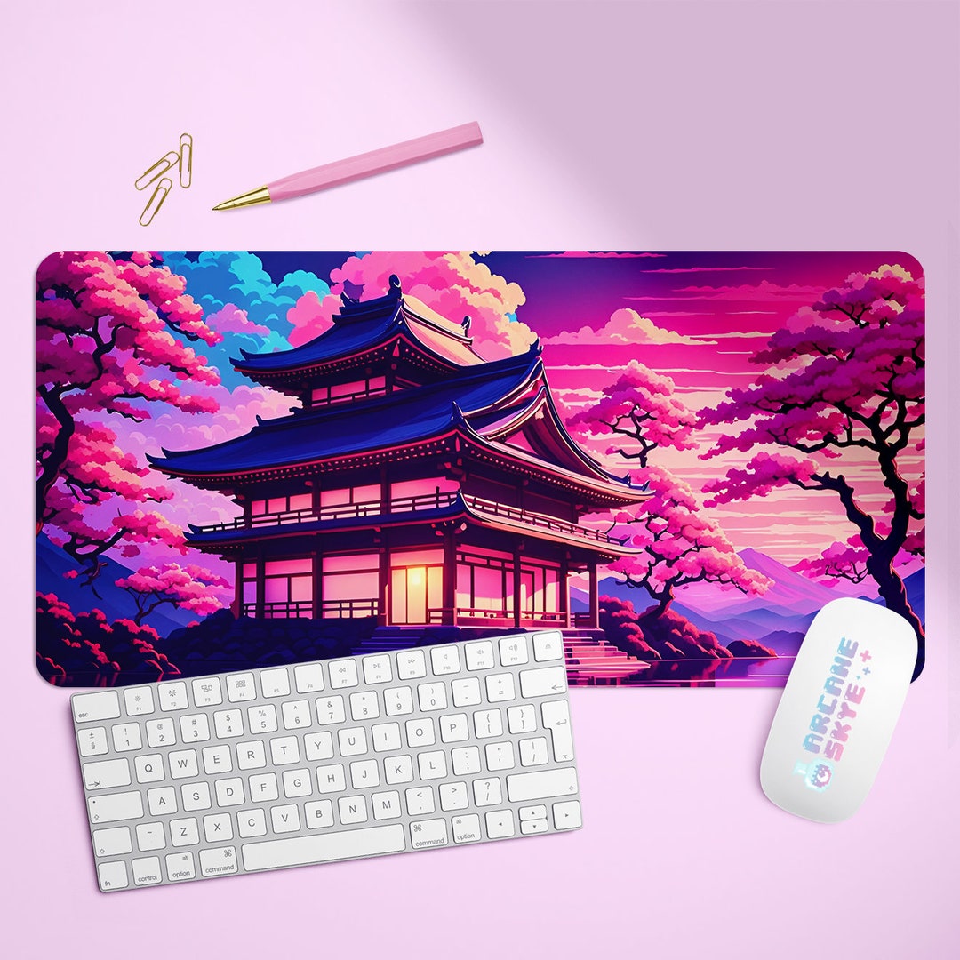 Synthwave Japanese Temple Sunset Desk Mat, Mousepad, Card Game Playing ...