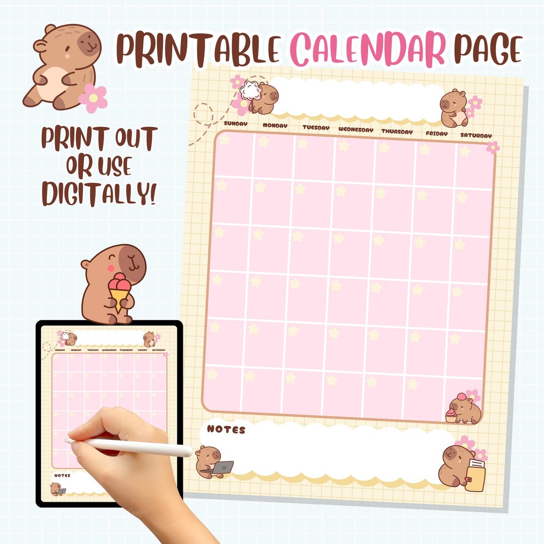 Capybara Calendar Page Digital Printable Download - Etsy Australia
