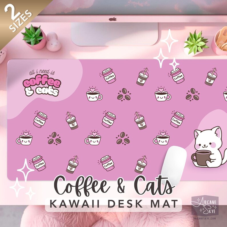 Cats + Coffee Desk Mat, Cute Kawaii Gaming & Office Decor, Large ...