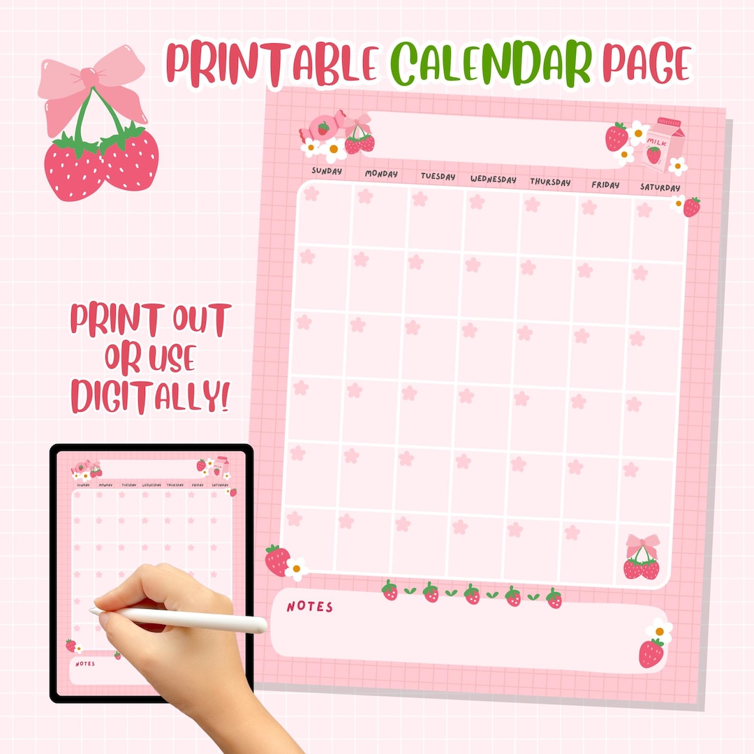 Kawaii Strawberry Calendar Page Digital Printable Download - Etsy
