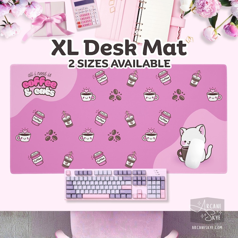 Cats + Coffee Desk Mat, Cute Kawaii Gaming & Office Decor, Large ...