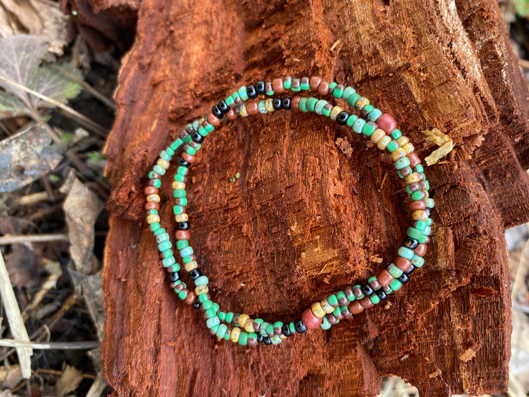Camouflage Beaded Stretch Bracelet, Khaki Green Brown Small Bead ...