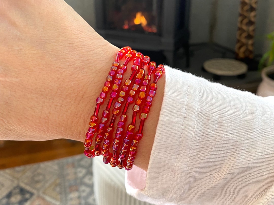 Red Beaded Stretch Bracelet for Women, Aurora Borealis Red Stacking ...