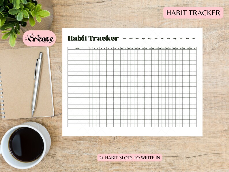 Habit Tracker Printable, 21 Tracking Slots, Monthly Habits, Journaling ...