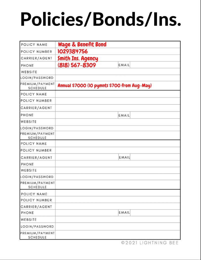 Business Policy/bond/insurance Organizer - Etsy