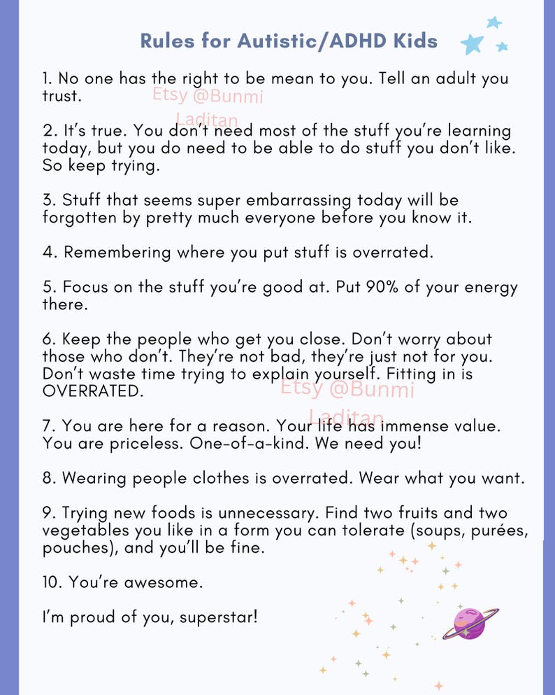 10 Rules for Autistic & ADHD Kids Poster Motivational Neurodivergent ...