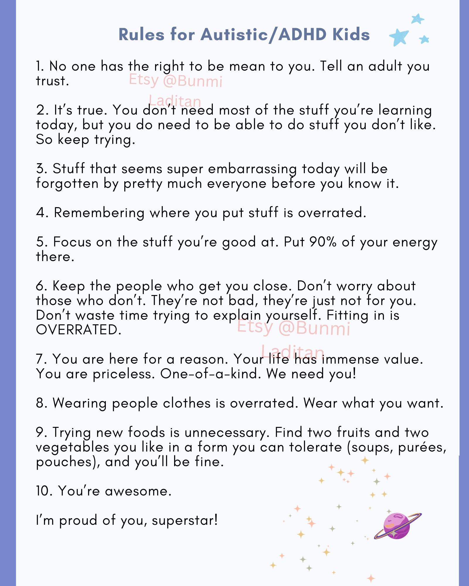 10 Rules for Autistic & ADHD Kids Poster Motivational Neurodivergent ...