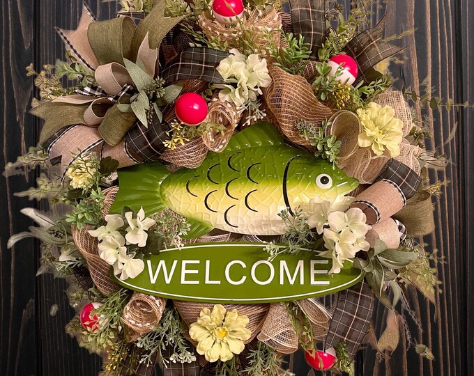 Fishing Wreath, Lake House Wreath, Cabin Wreath, Welcome Decor, Rustic ...