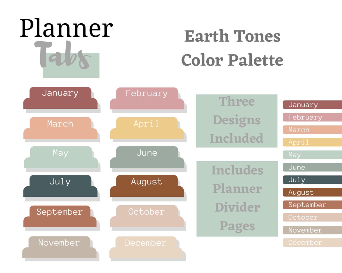 Earth Tones Monthly Planner Tabs | Printable Divider Pages | Digital ...