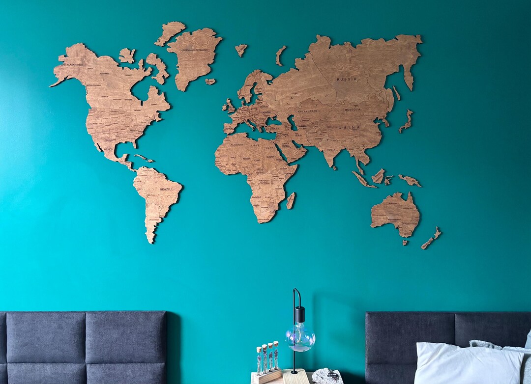 Wooden World Map Wall Art, Large Wall Hanging Decor, Geography Puzzle ...