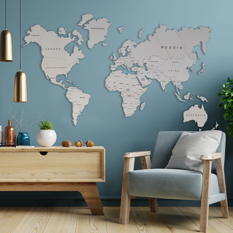 World Map Natural Colored Wood Nature Design Wall Art Home - Etsy