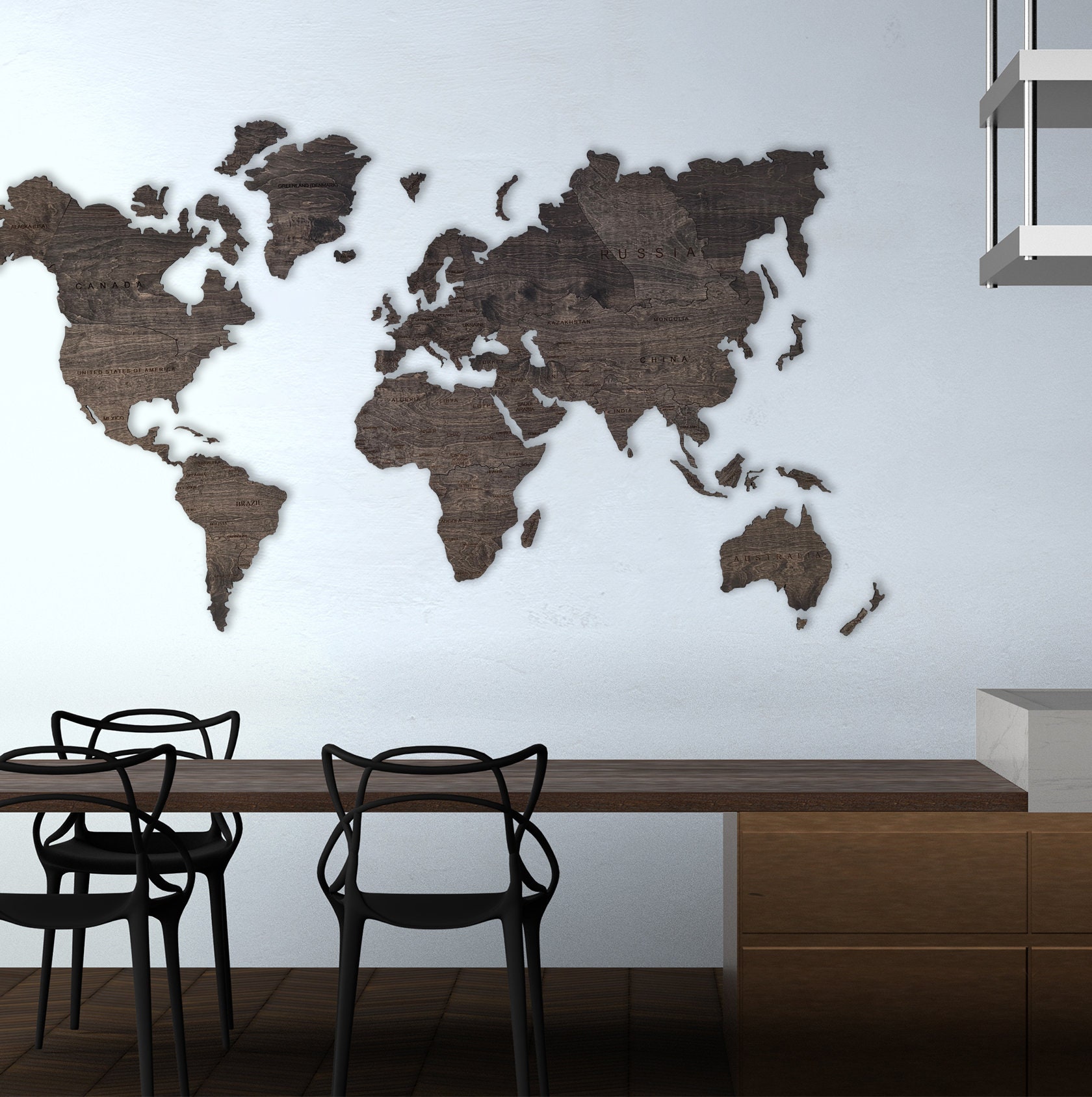 Plywood World Map, White Gray Colored Wall Art Home Decor Room ...