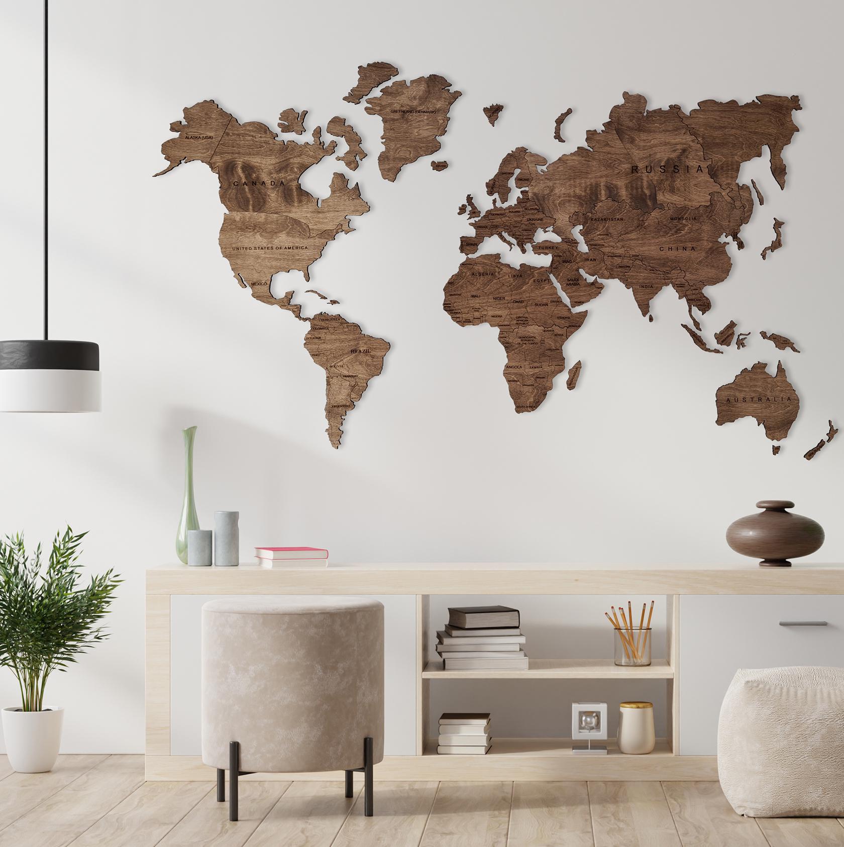 Wooden World Map Wall Art, Large Travel Map, Natural Wood World Map ...