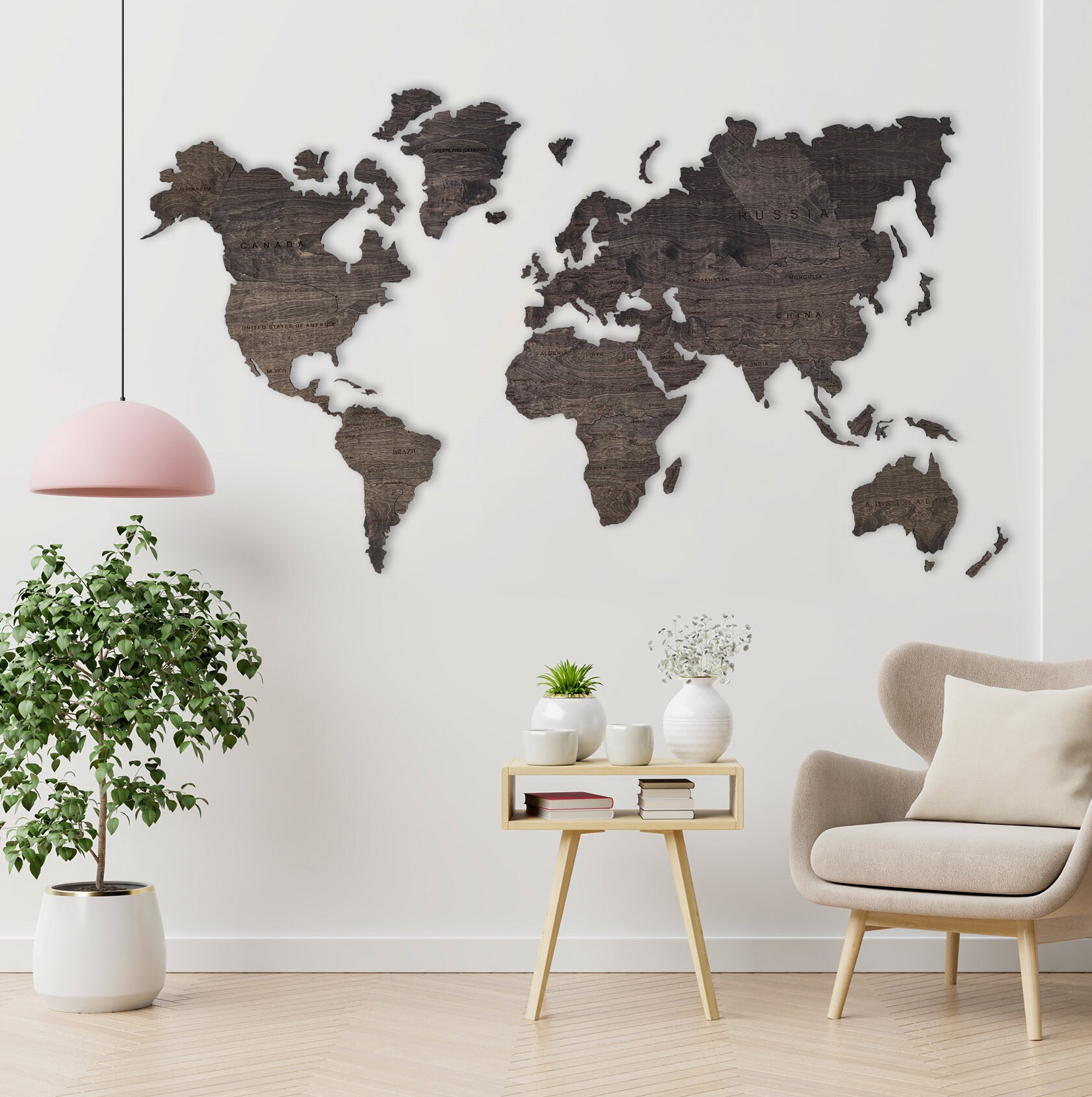 Plywood World Map, White Gray Colored Wall Art Home Decor Room ...