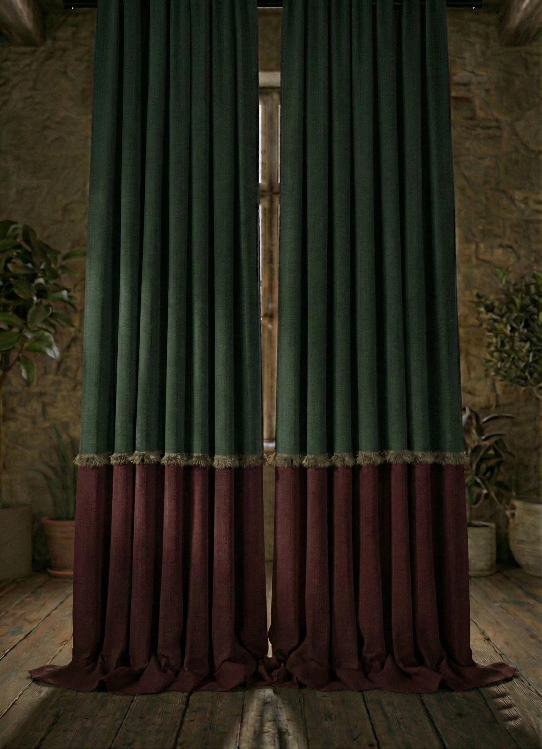 Dual-tone Linen Curtains, Fringed Trim, Color Block Drapes, Rustic ...