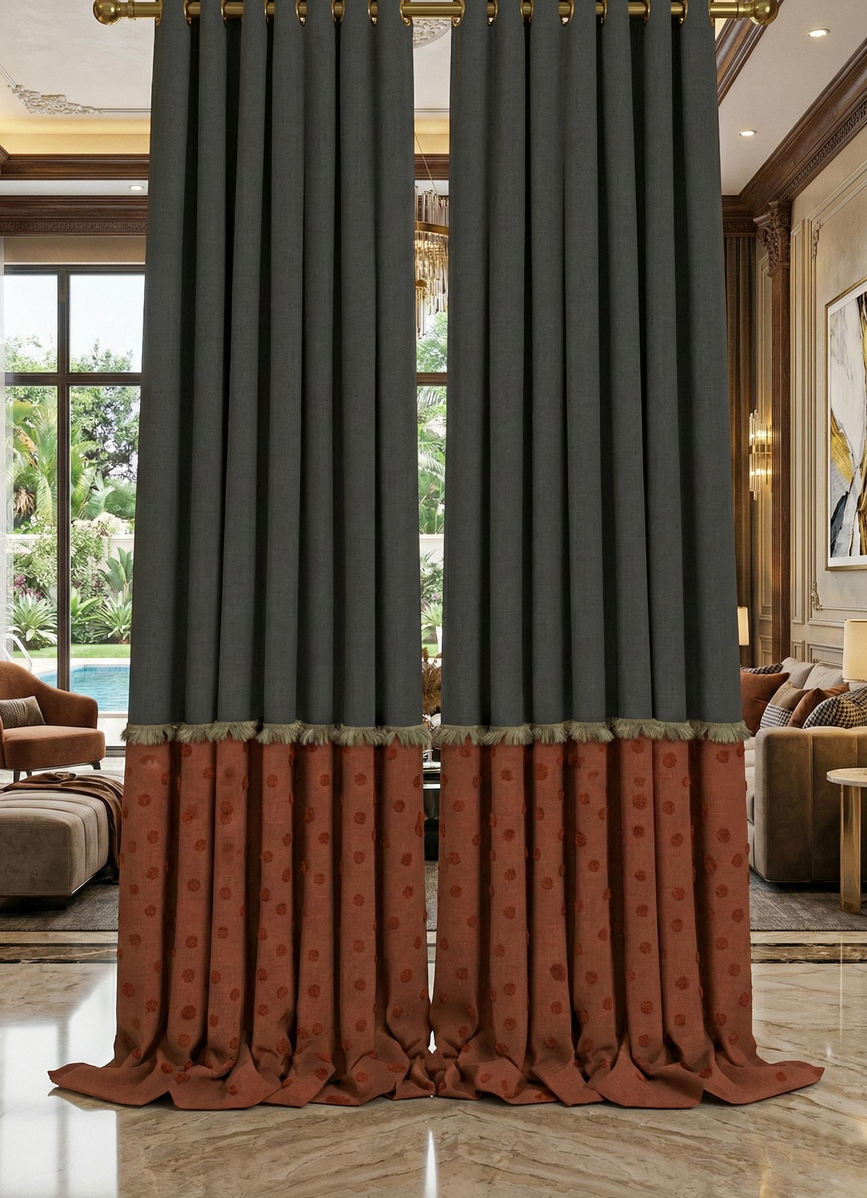 Color Block Linen Curtains Pom Pom Tassel Trim, Custom Two Tone Drapes ...