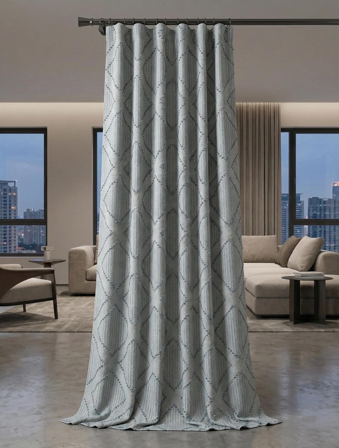 Custom Slate Blue Textured Curtains, Luxury Steel Grey Geometric Drapes ...