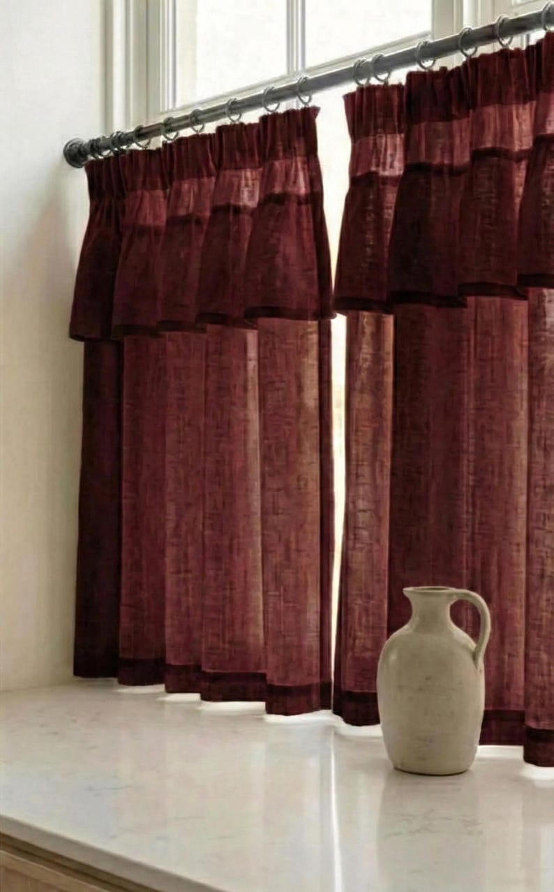 Dark Red Linen Cafe Curtains, Burgundy Sheer Kitchen Tier Curtains, Rod ...