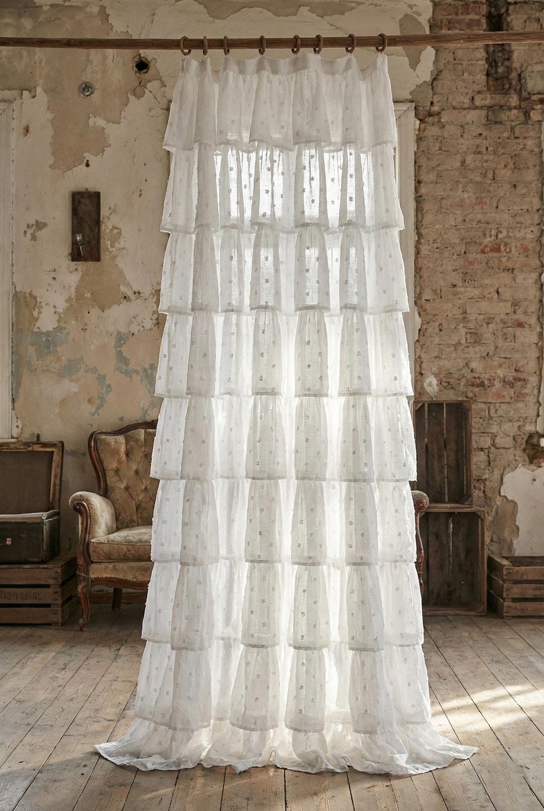 White Ruffled Linen Curtains, Swiss Dot Sheer Drapes, Farmhouse Style ...