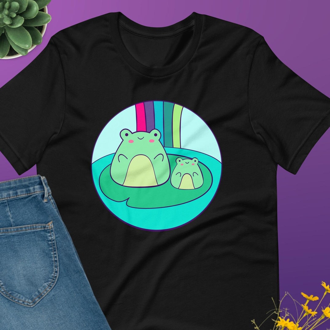 Kawaii Frogs on Lilypad in Front of Rainbow T-shirt | Unisex and Youth ...