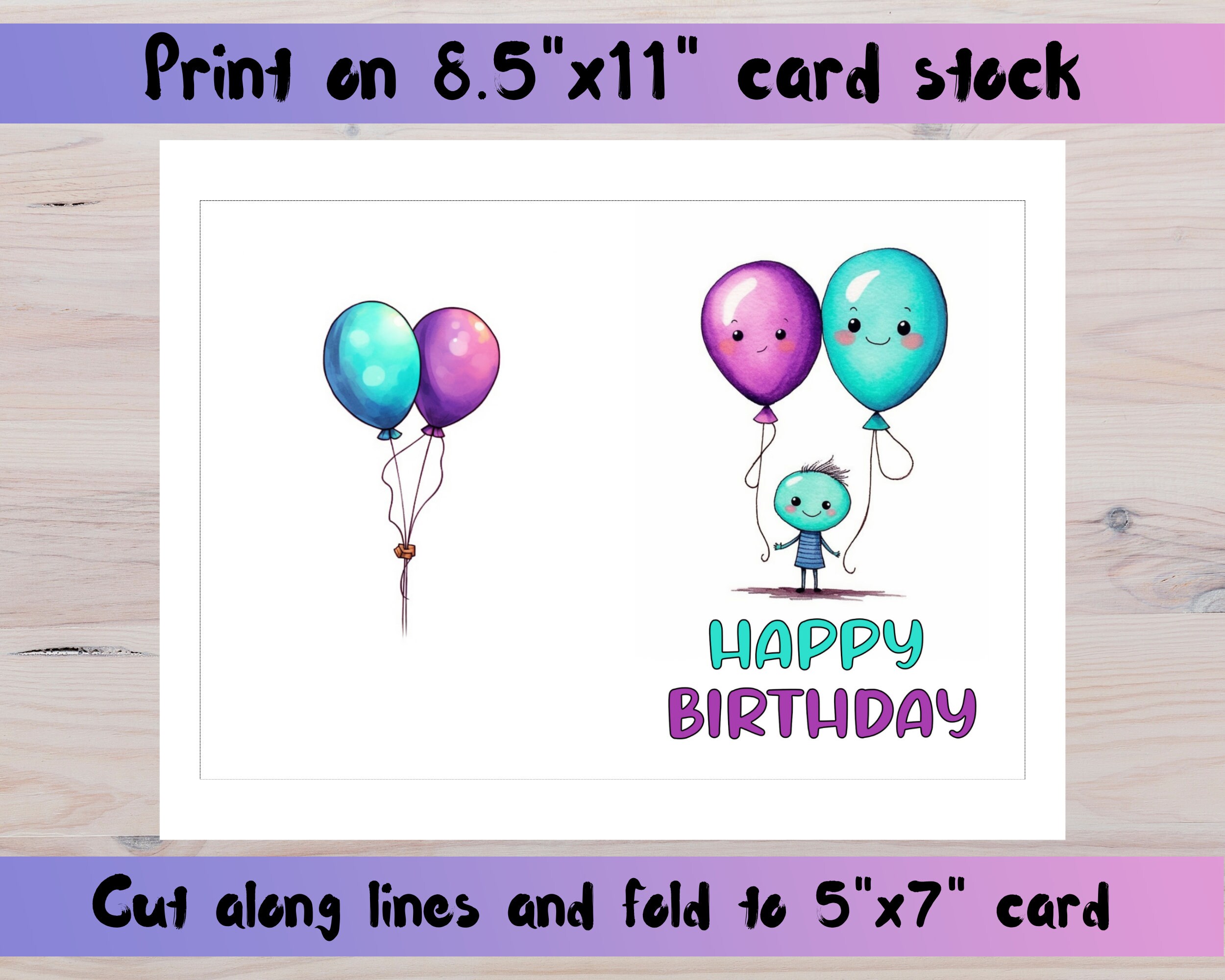 Little Boy and Kawaii Balloons | Birthday Card Printable | Digital ...