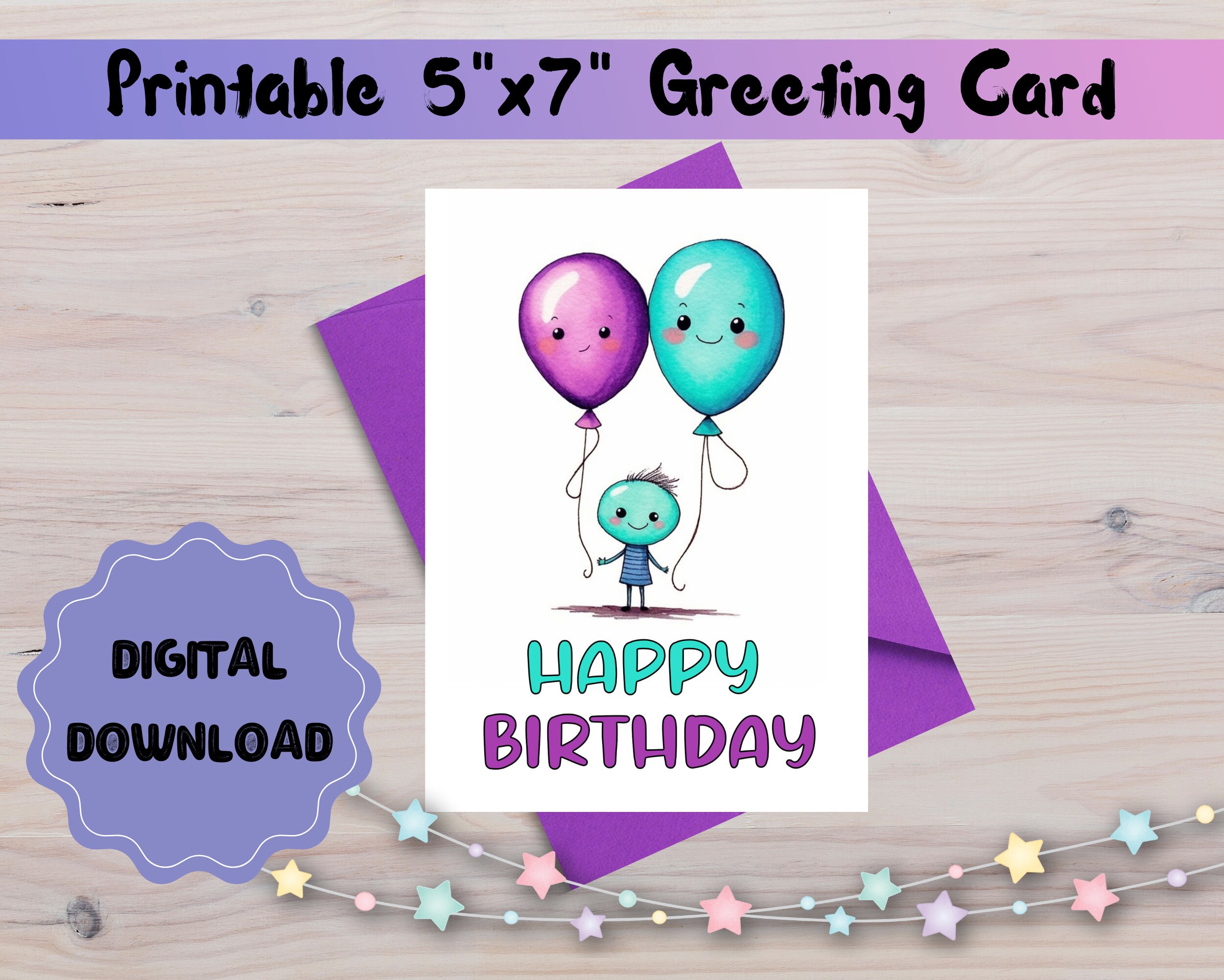 Little Boy and Kawaii Balloons | Birthday Card Printable | Digital ...