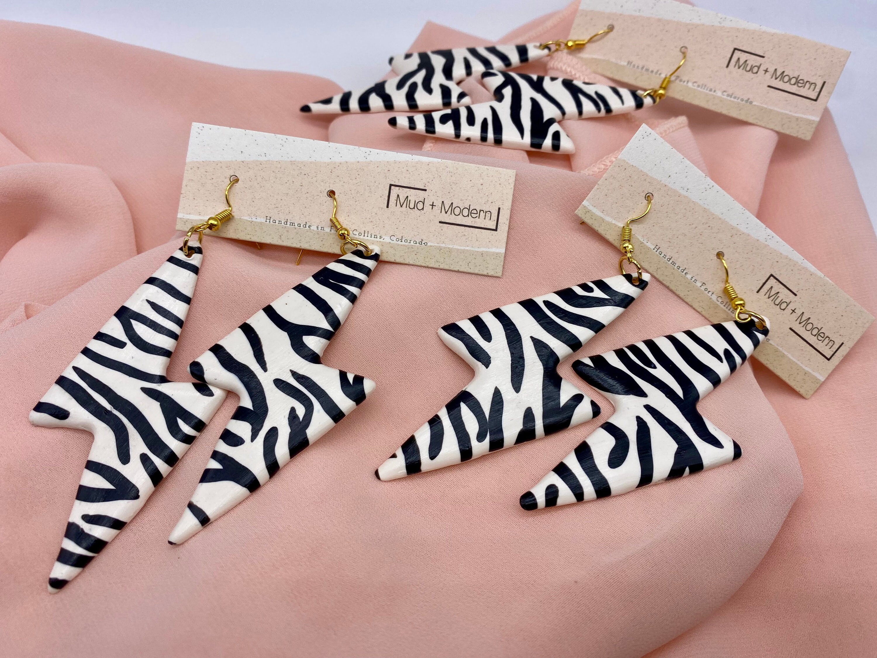 Animal Print Earrings, Zebra Dangle Earrings, Lightning Bolt Earrings - Etsy