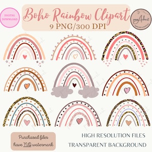 Bundle of 4 Boho Rainbow Watercolor PNG Clip Art, Pastel Watercolor ...