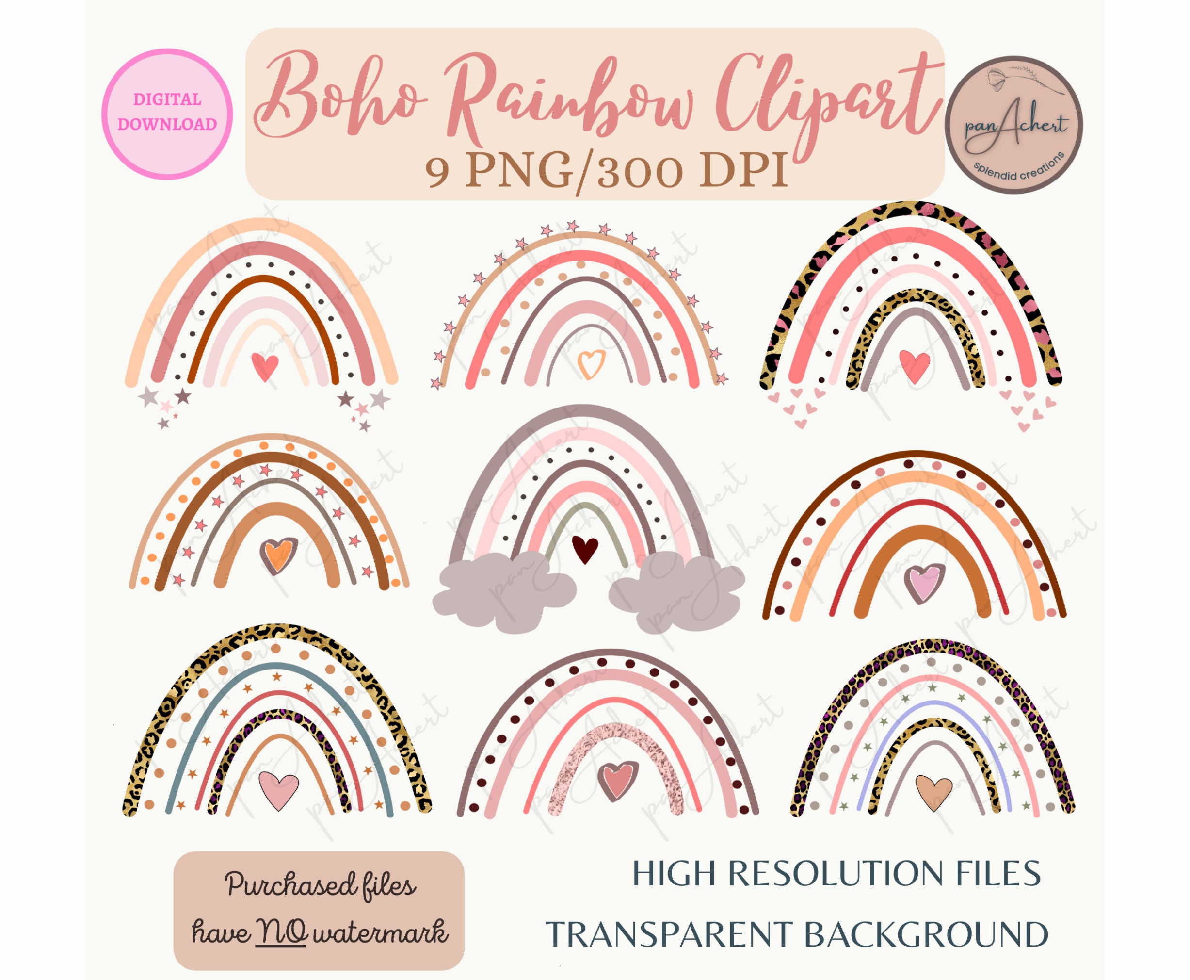 Bundle of 4 Boho Rainbow Watercolor PNG Clip Art, Pastel Watercolor ...