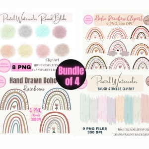 Bundle of 4 Boho Rainbow Watercolor PNG Clip Art, Pastel Watercolor ...