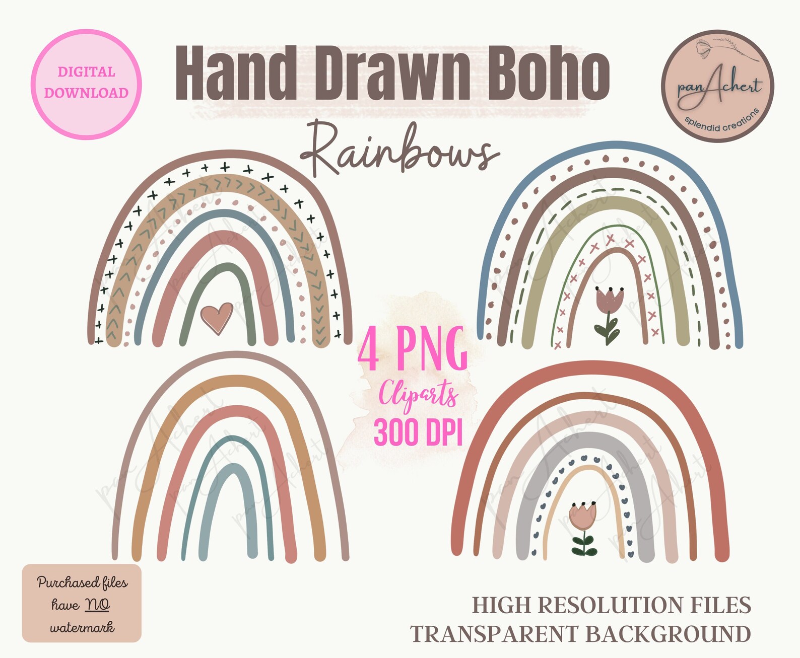 Boho Rainbow PNG Clipart Bundle Hand Drawn Boho Watercolor - Etsy