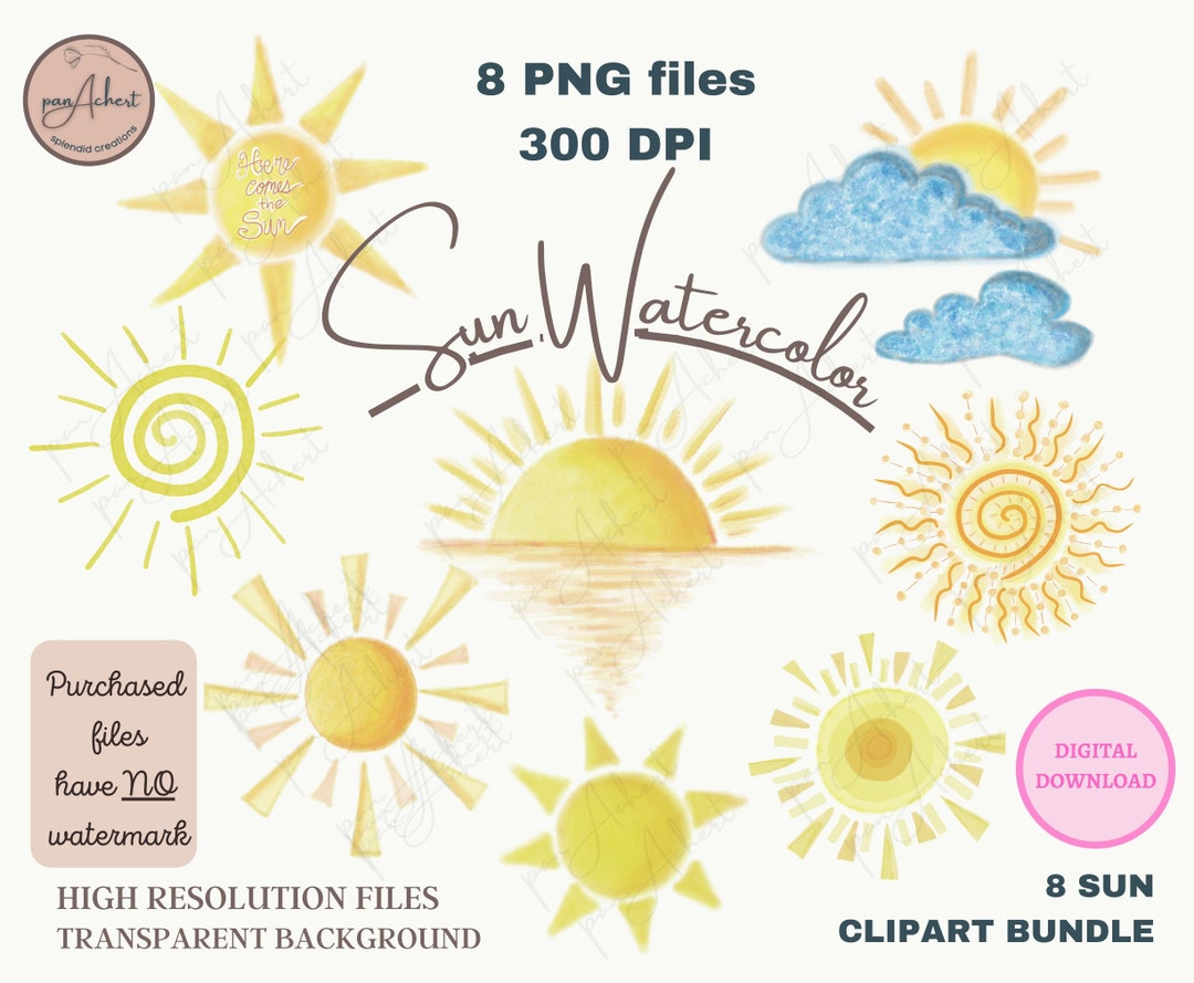 Watercolor Sun Clipart Bundle PNG Files, Sublimation Designs for Tshirt ...