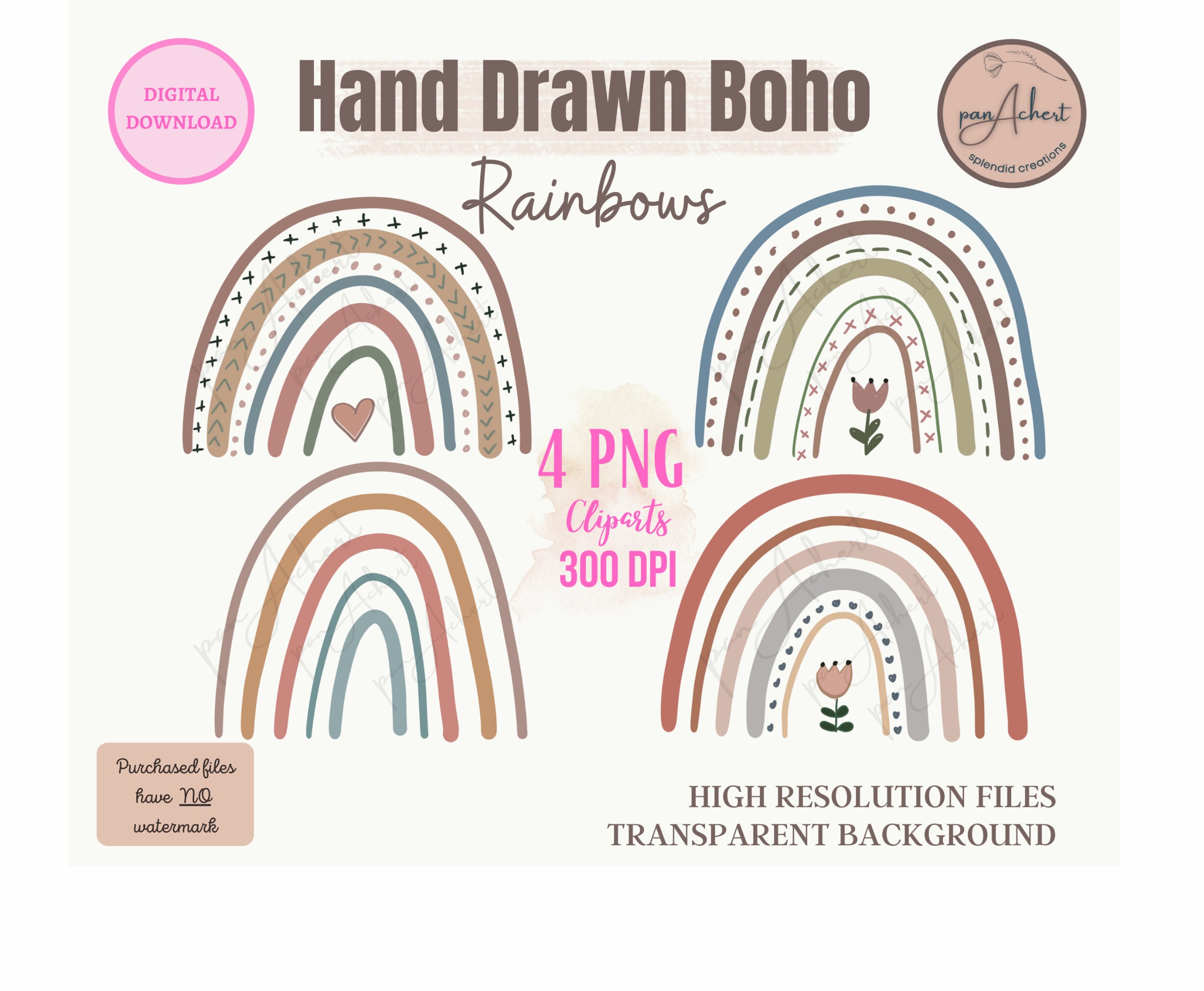 Bundle of 4 Boho Rainbow Watercolor PNG Clip Art, Pastel Watercolor ...