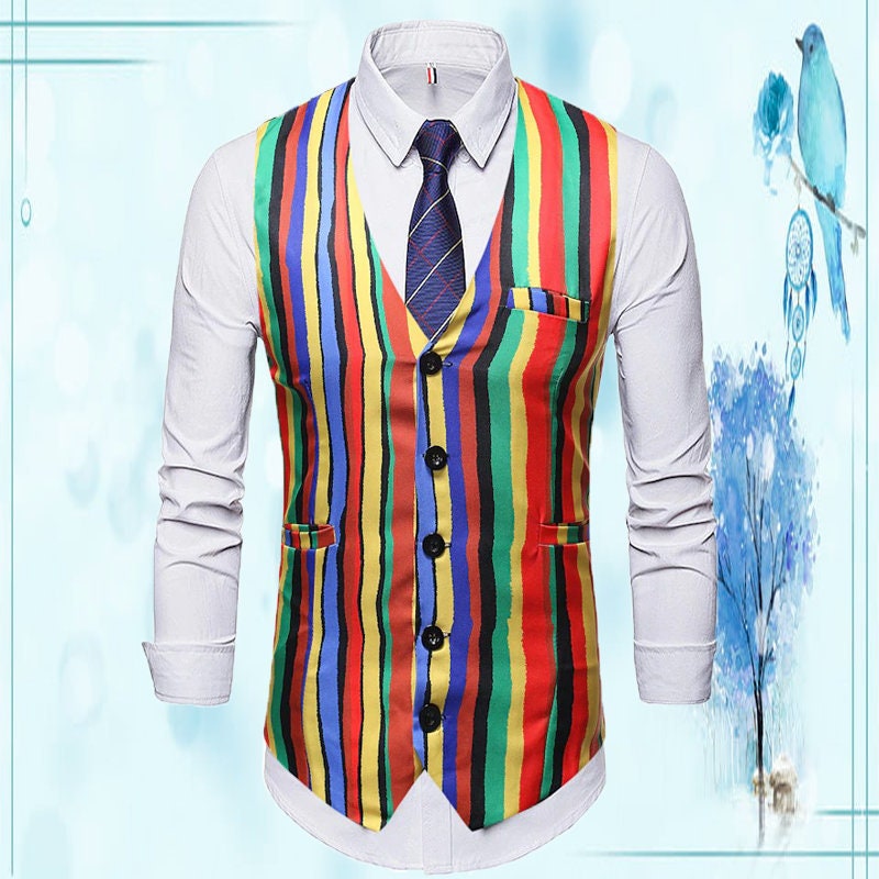 Wc12 Mens Slim Fit Colorful Stripe Suit Vest Etsy