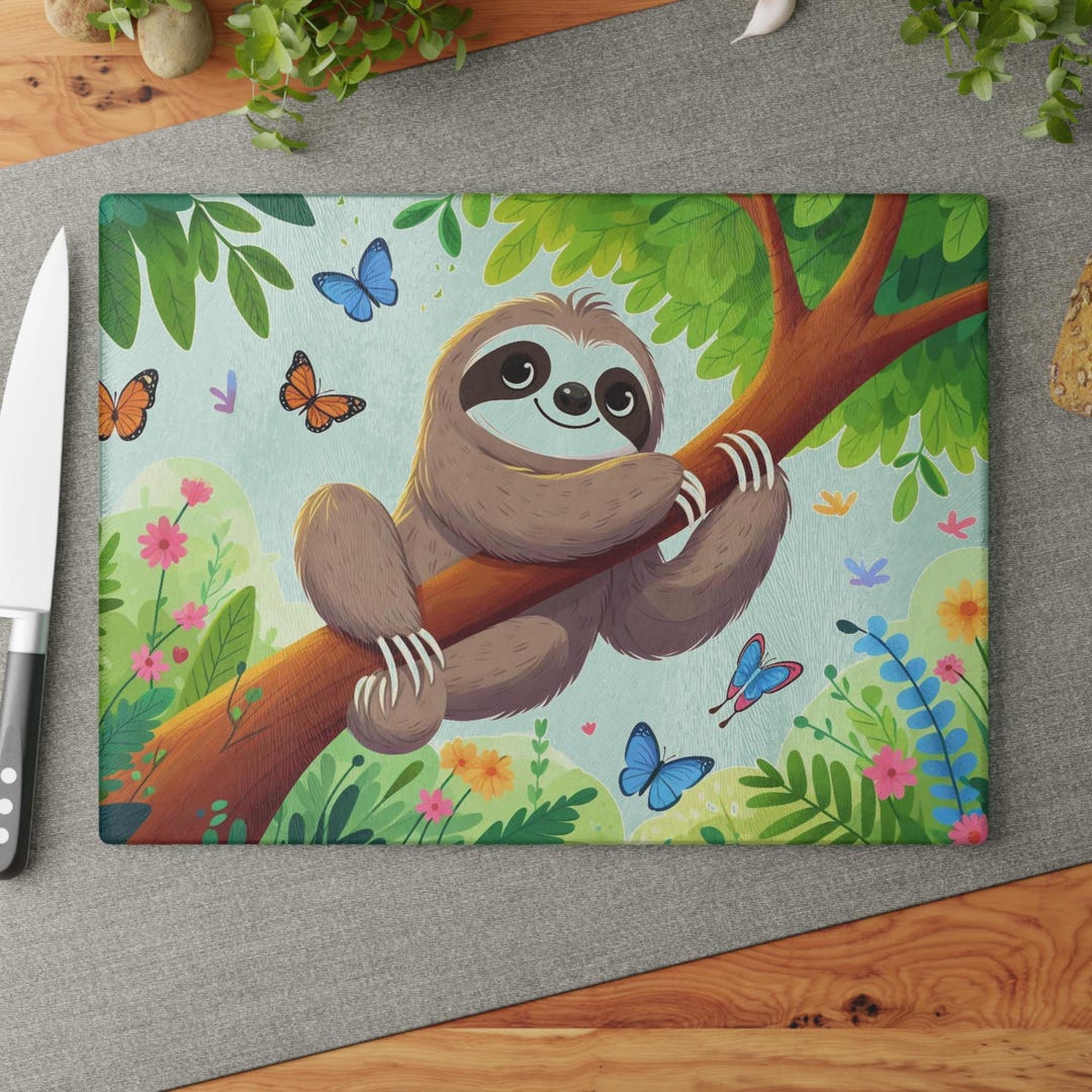 Cute Sloth Glass Cutting Board, Kitchen Decor, Chopping Board, Sloth ...