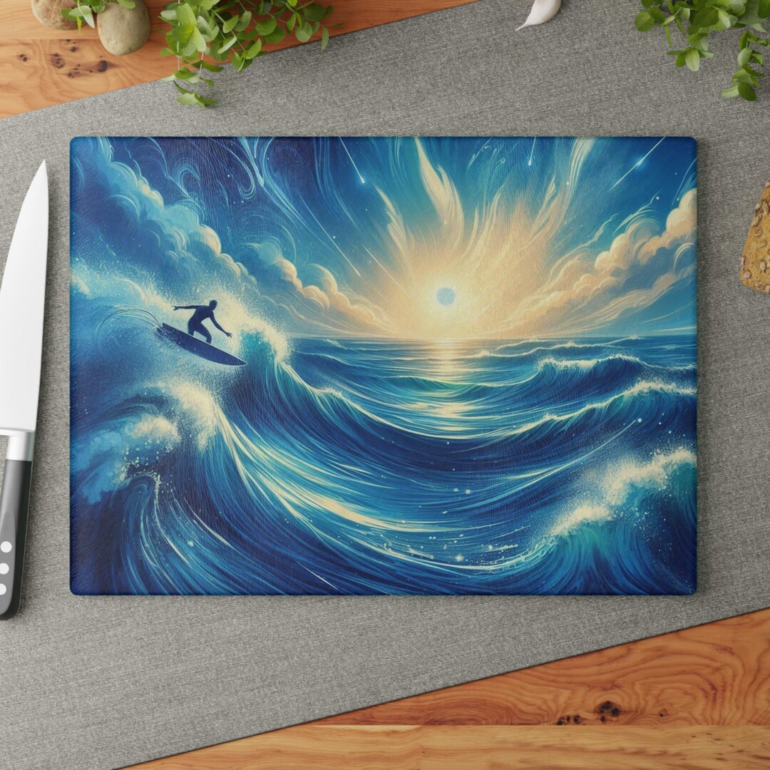 Surfing Glass Cutting Board - Ocean Surfer Design Chopping Board, Sea ...