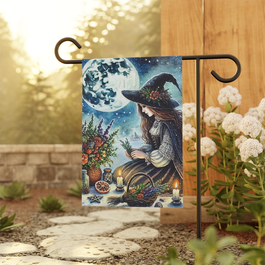 Garden Banner, Pagan Yule Witch Snow Moon House Banner, Occult Outdoor ...