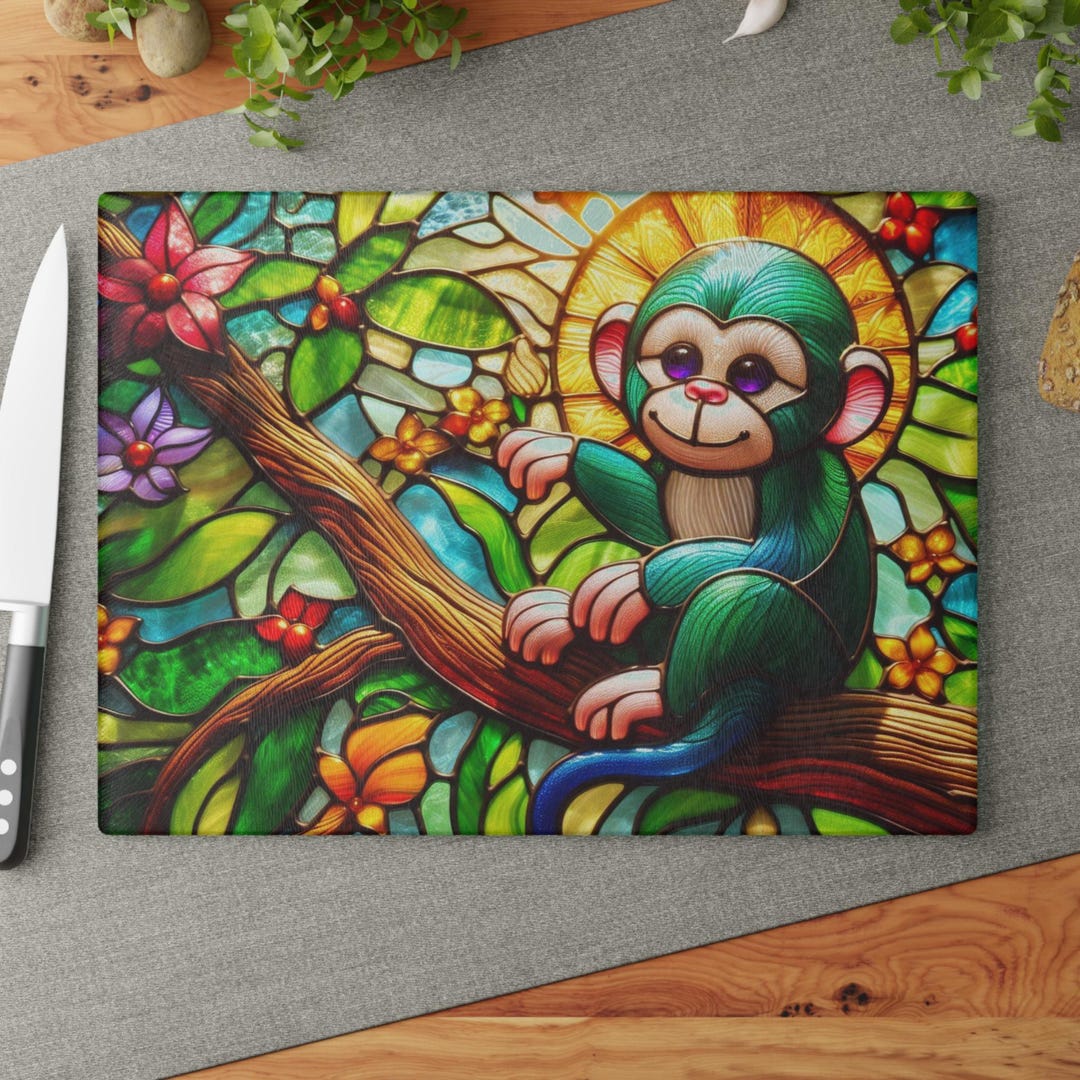 Monkey Stain Glass Glass Cutting Board, Chopping Board, Kitchen Decor ...