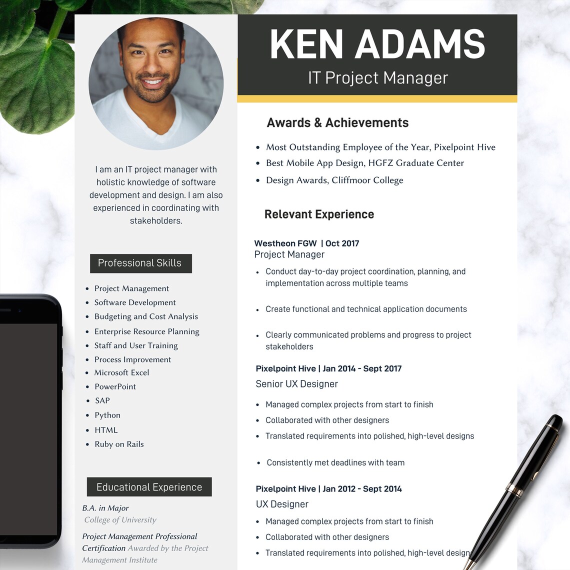 Resume CV Template 1 Page - Clean Resume Template Photo - Modern ...