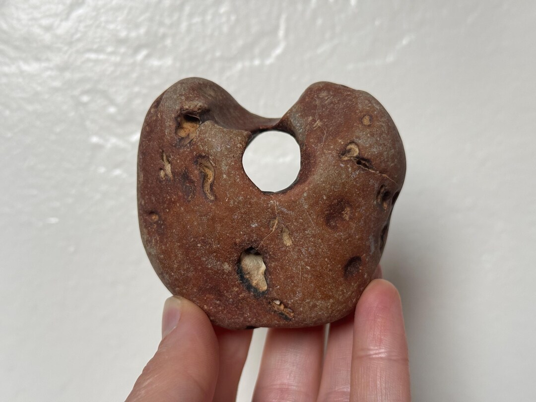 6 Oz Genuine HOLEY HAG STONE Indent Hole Rock Ocean Beach Pebble Fairy ...