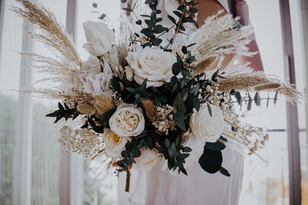Bridal Bouquet / White Roses / Boho Pampas Grass Bouquet for Wedding ...