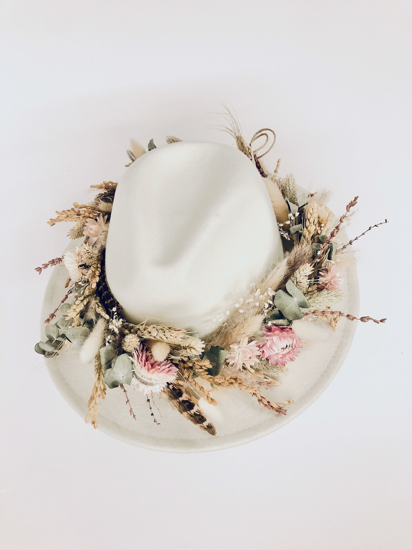 Bridal Hat/ White Floral/ Fedora Hat/ Dried Flower/ Bridal Crown/ Tiara ...