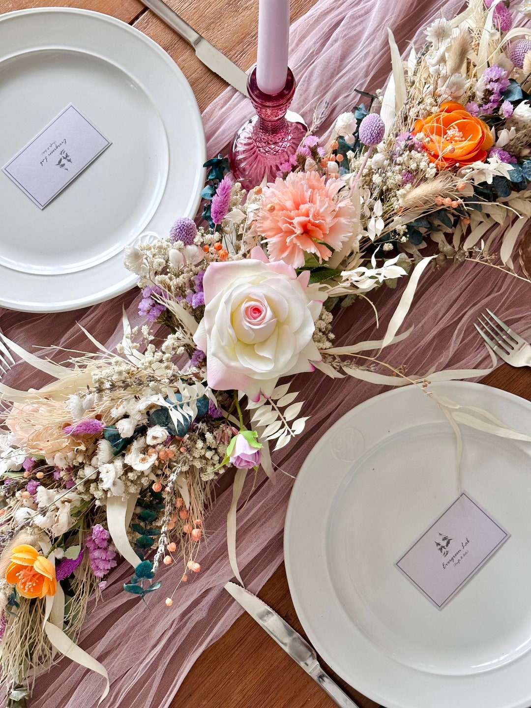 Dried Flower Table Garland: Spring Wedding Decor, Pink & Purple ...