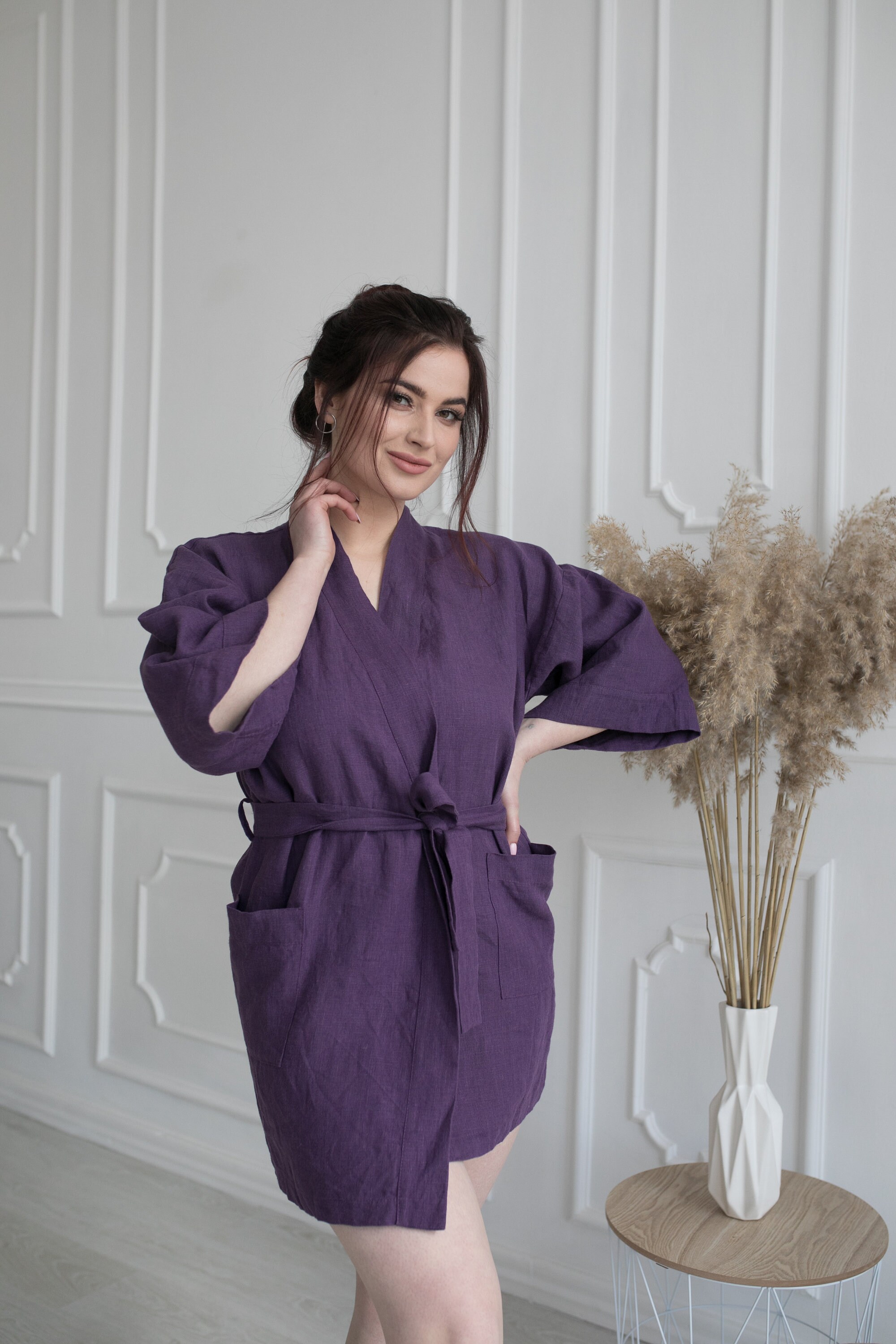 Short linen robe women Gift for her Linen bath robe in | Etsy