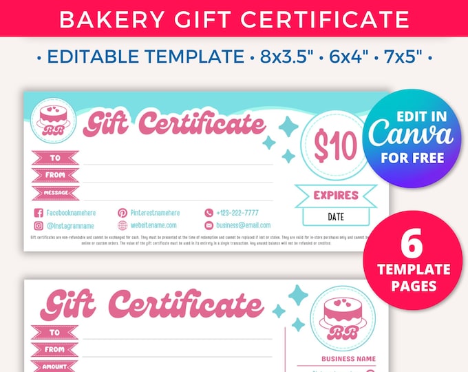 Editable Gift Certificate for Cakes and Bakery Shop | Canva Template ...