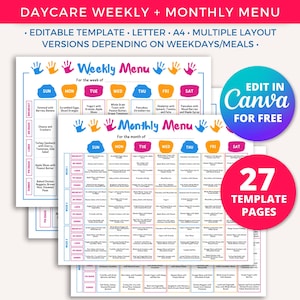 In Home Daycare Weekly + Monthly Menu Template, Editable Daycare Menu ...