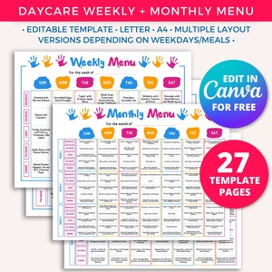Editable Daycare Weekly Menu + Daycare Monthly Menu Template, Daycare ...