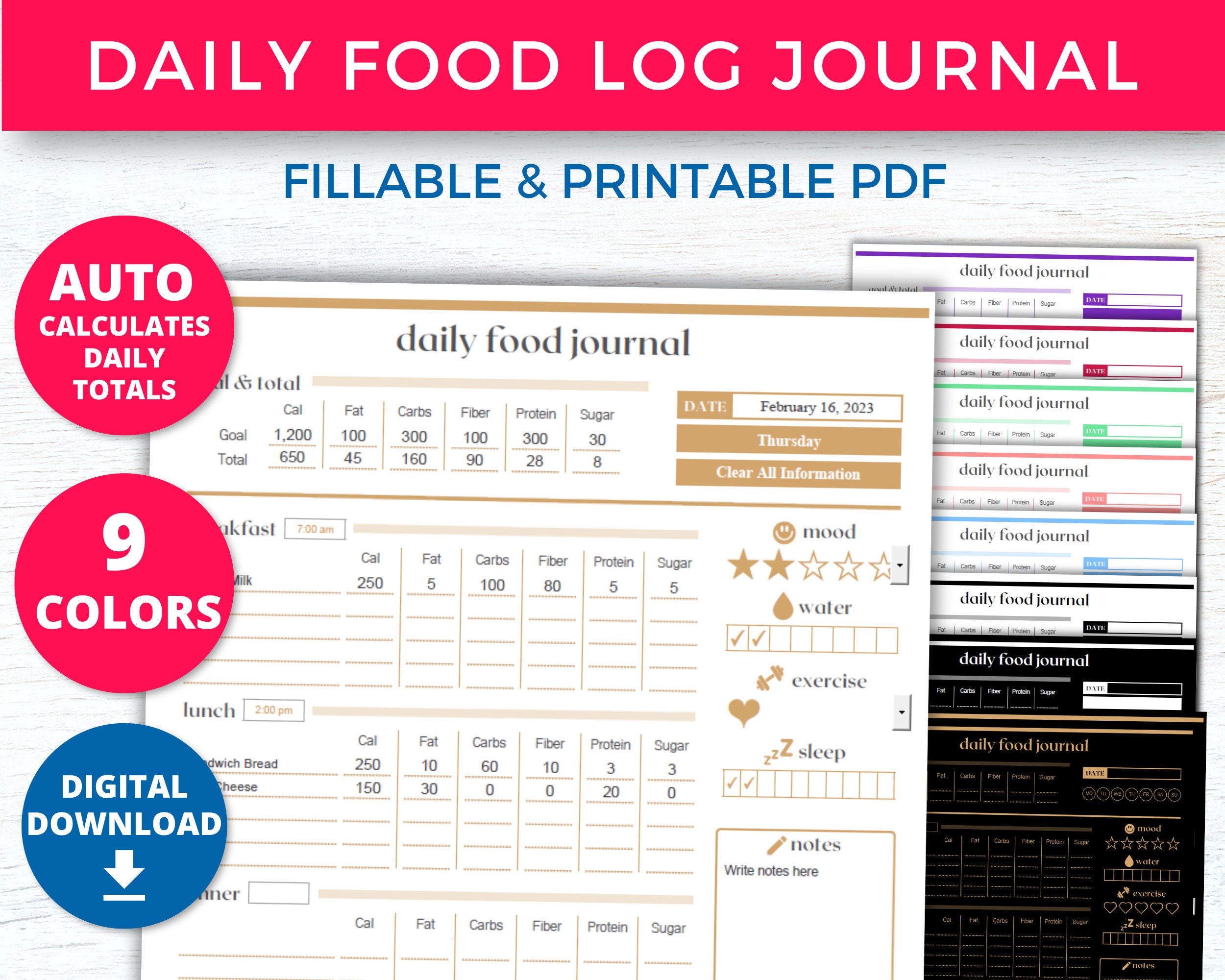 Food Tracker Fillable PDF Daily Food Log Calorie Tracker - Etsy