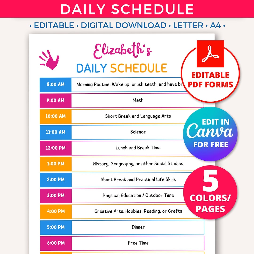 Kids Daily Schedule Template Printable, Homeschool Kids Daily Routine ...